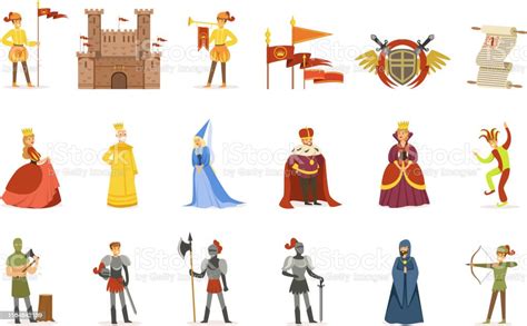 중세 만화 캐릭터와 유럽 중세 역사적 기간 속성 아이콘의 집합 노랑에 대한 스톡 벡터 아트 및 기타 이미지 노랑 드레스 만화 Istock