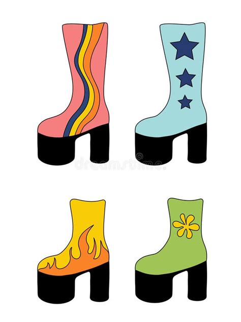 Set Of Trendy 1980 Retro Disco Boots Collection Vintage Shoes Different Design Vector Flat