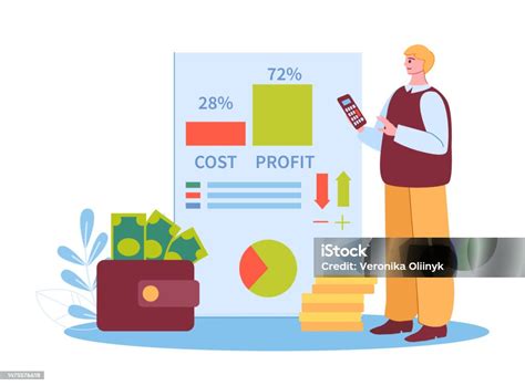 그래프와 차트를 분석하는 직원 청구서 계산 비용과 이익을 계산하는 만화 남자 회사원 개념에 대한 스톡 벡터 아트 및 기타 이미지