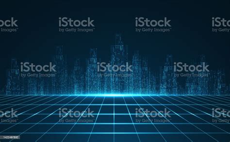 밝은 빛나는 네온과 어두운 파란색 배경에 도시 경관 기술 도시 배경 디지털 생성 이미지에 대한 스톡 벡터 아트 및 기타 이미지 디지털 생성 이미지 Smart City