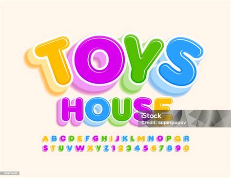 벡터 장난 엠블럼 장난감 집 아이들을위한 밝은 알파벳 문자와 숫자 세트 인형 집에 대한 스톡 벡터 아트 및 기타 이미지 인형
