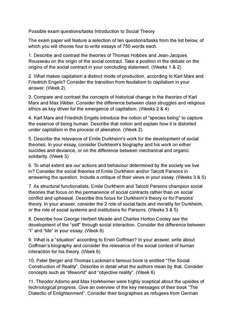 Possible Exam Questions Possible Exam Questions Tasks Introduction To Social Theory The Exam