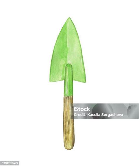 흰색 배경에 고립 된 정원 작업에 대한 흙 이나 삽 녹색 및 갈색 도구 수채화 손 그리기 그림 갈색에 대한 스톡 벡터 아트 및