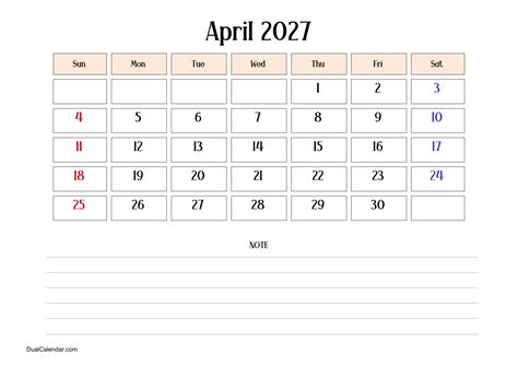 April 2027 Calendar Free Printable Template