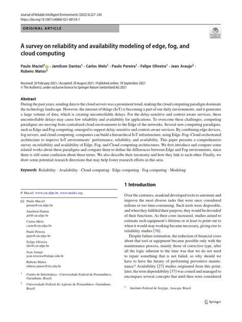 05 A Survey On Reliability And Availability Modeling Of Edge Fog And Cloud Computing Pdf