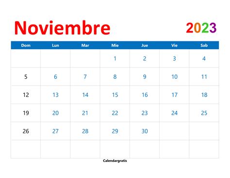 Calendario Noviembre 2023 Para Imprimir Gratis