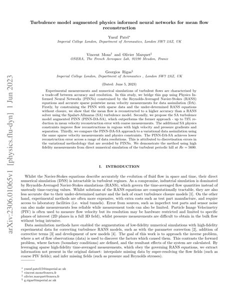 Pdf Turbulence Model Augmented Physics Informed Neural Networks For
