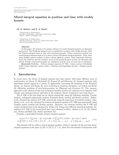 Pdf Mixed Integral Equation In Position And Time With Weakly Kernels