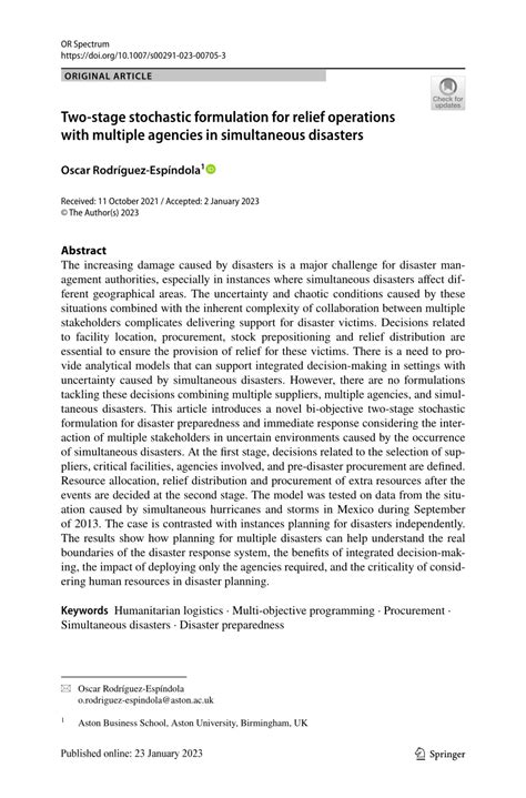 Pdf Two Stage Stochastic Formulation For Relief Operations With Multiple Agencies In