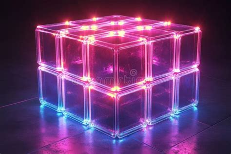 Glass Cube Structure Illuminated With Neon Pink And Blue Light Creating A Futuristic And