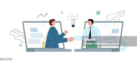 두 명의 사업가가 협력하여 노트북을 통해 악수를 하고 흰색 배경에 있는 플랫 벡터 일러스트레이션을 합니다 계약서에 대한 스톡 벡터 아트 및 기타 이미지 Istock