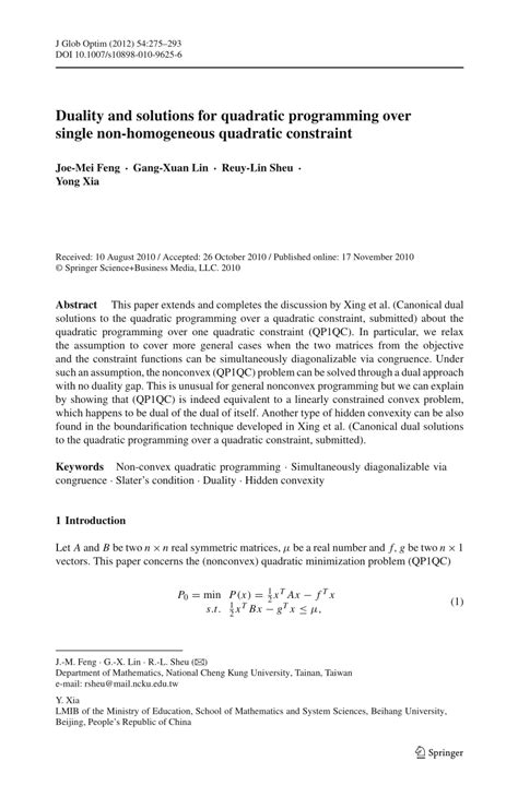 Pdf Duality And Solutions For Quadratic Programming Over Single Non Homogeneous Quadratic