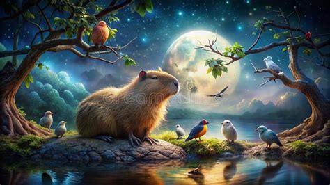 Captivating Capybara And Birds In Moonlight A Serene Nighttime Wildlife