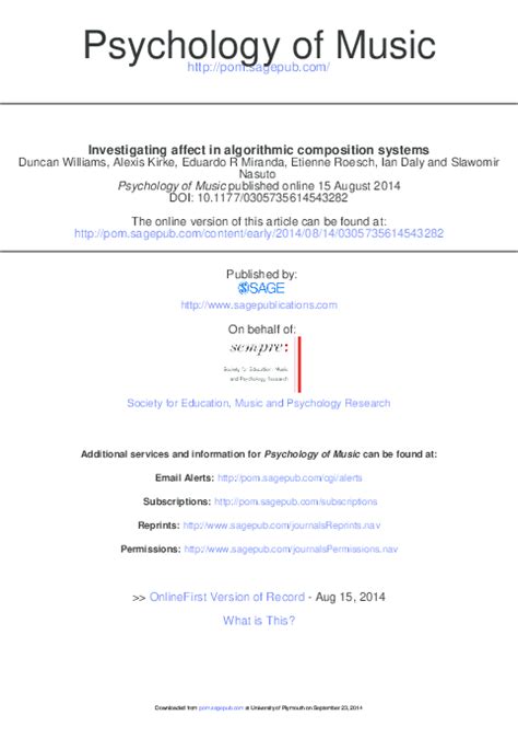 Pdf Investigating Affect In Algorithmic Composition Systems