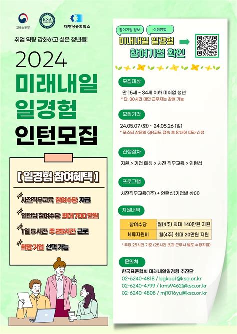 고용노동부한국표준협회 2024년 미래내일 일경험 지원사업 2차수 참여자 모집 ~24 0526 공모전 대외활동 링커리어