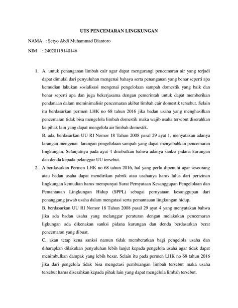 Setyo Abdi Muhammad Diantoro Ujian Tengah Semester Uts Mata Kuliah Pencemaran Lingkungan