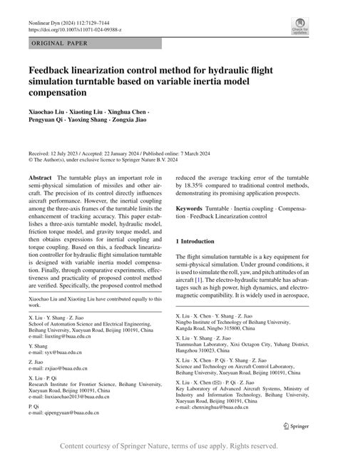 Feedback Linearization Control Method For Hydraulic Flight Simulation Turntable Based On