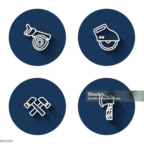 세트 라인 손톱과 통나무 전기 원형 교차된 망치 및 긴 그림자가 있는 나무 도끼 파란색 원 버튼 벡터 Rotary