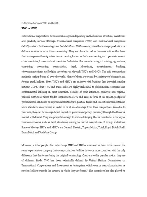 Difference Between Tnc And Mnc Pdf Multinational Corporation Research And Development