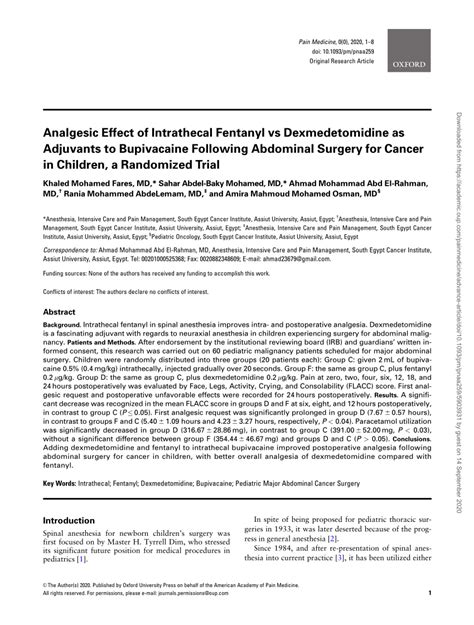 Pdf Analgesic Effect Of Intrathecal Fentanyl Vs Dexmedetomidine As Adjuvants To Bupivacaine
