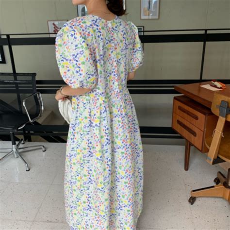 까모 여름신상 반팔 퍼프원피스 로맨틱 플라워 롱원피스 레인보우 단추 라운드넥 꽃무늬 잔꽃 플레어 A라인스커트 통통이 30대 쇼핑몰