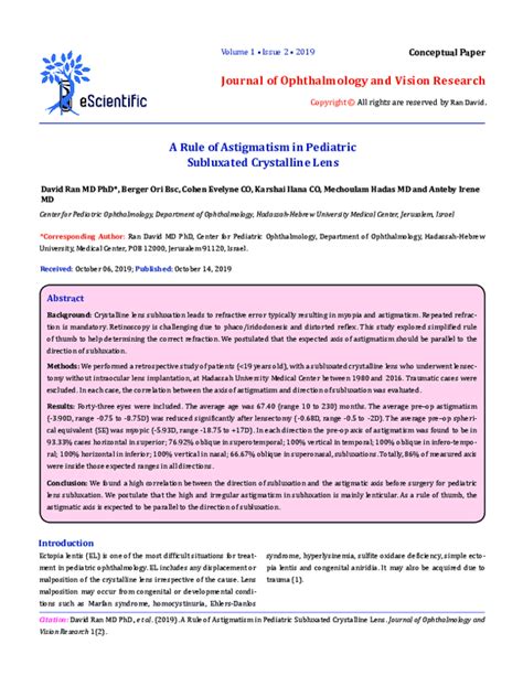 Pdf A Rule Of Astigmatism In Pediatric Subluxated Crystalline Lens