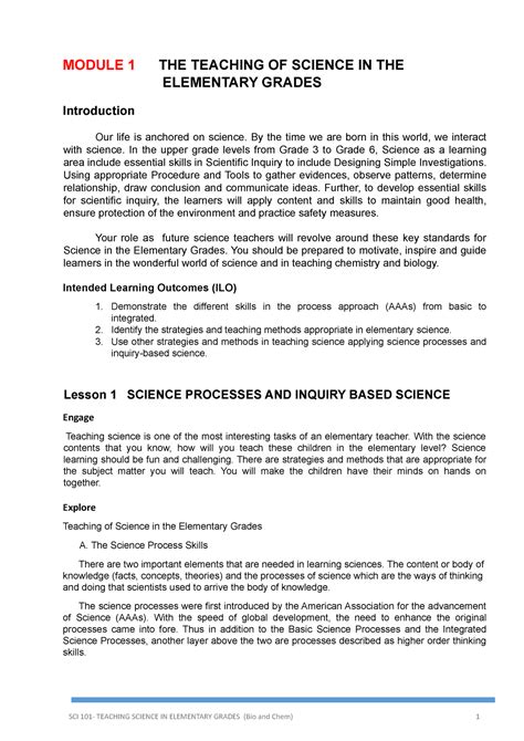 Module Sci Teaching Sci In Elem Grades Bio And Chem MODULE THE TEACHING OF SCIENCE IN