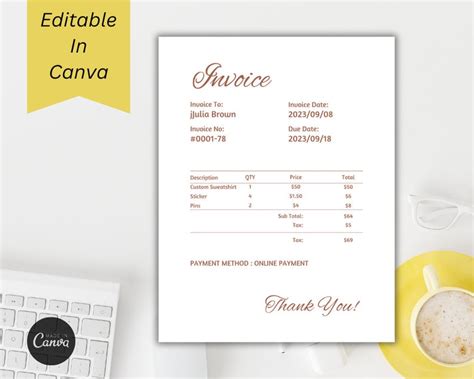 Invoice Template Editable Small Business Custom Order Form Printable Invoice Form Modern