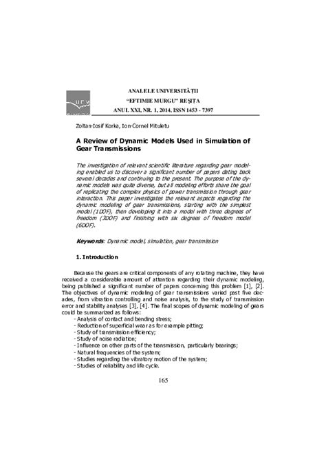 Pdf A Review Of Dynamic Models Used In Simulation Of Gear Transmissions
