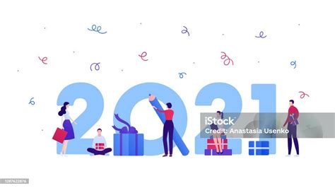 새해 축하 컨셉 벡터 플랫 피플 일러스트레이션 배너 템플릿입니다 기프트 박스 노트북 쇼핑 백을 가진 남자와 여자의 그룹 배경에