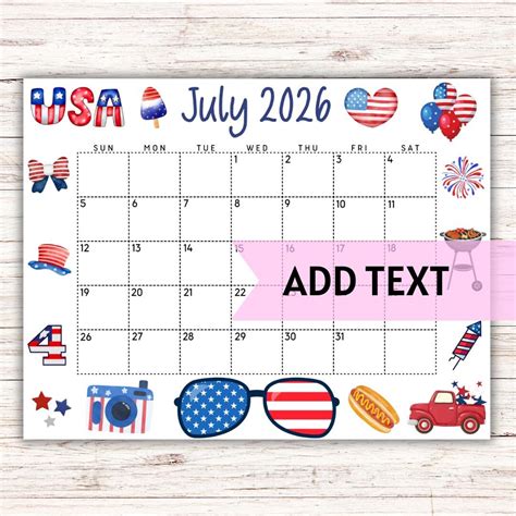 Editable July 2026 Calendar Printable Fourth Of July Calendar W