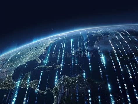 view of planet earth wrapped in binary code digital information flows