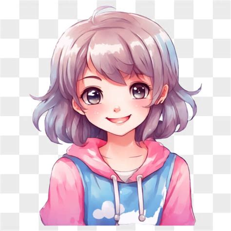 Download Kawaii Anime Girl In Pink And Blue Sweatshirt With Grey Hair
