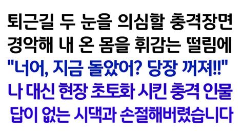 실화사연 퇴근길 두 눈을 의심할 충격장면 경악해 내 온 몸을 휘감는 떨림에 나 대신 현장 초토화 시킨 충격인물 답이 없는 시댁과