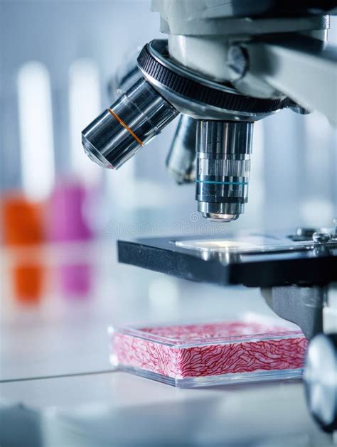 Microscope Examining Skin Tissue Sample With Blurred Lab Background In Focused Observation