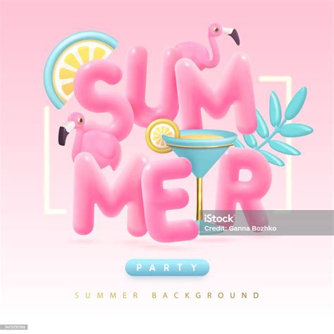 여름 칵테일 디스코 파티 타이포그래피 포스터에는 3d 플라스틱 텍스트 칵테일 열대 잎 플라밍고가 있습니다 벡터 그림 유리잔에