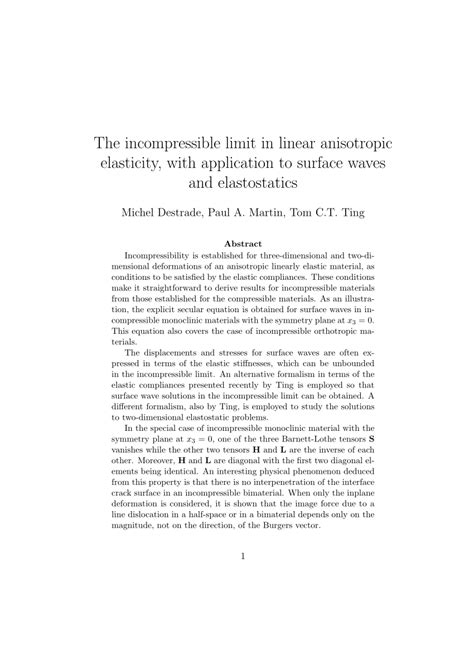 pdf the incompressible limit in linear anisotropic elasticity with