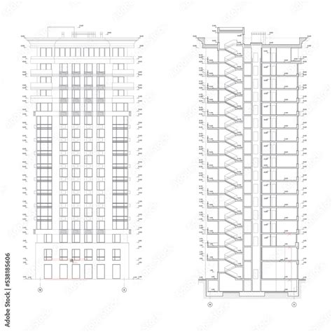 Multistory Building Section Detailed Architectural Technical Drawing Vector Blueprint Stock