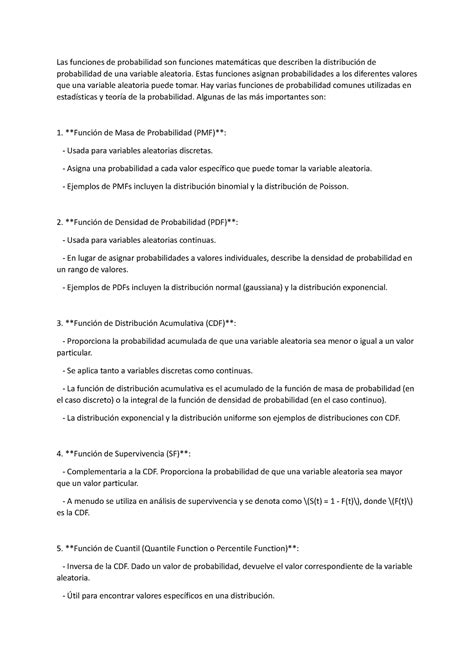 Las Funciones De Probabilidad Son Funciones Matemáticas Que Describen