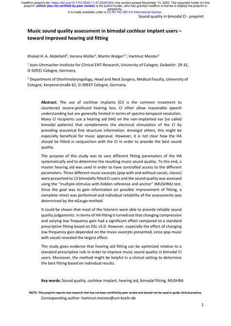 [pdf] Sound Quality In Bimodal Ci Preprint Music Sound Quality Assessment In Bimodal Cochlear