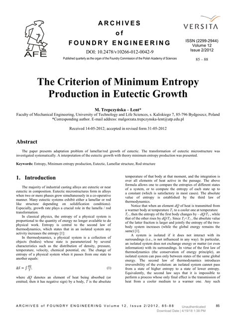 Pdf The Criterion Of Minimum Entropy Production In Eutectic Growth