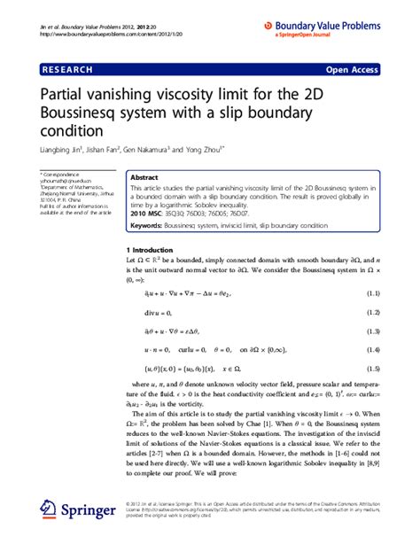 Pdf Partial Vanishing Viscosity Limit For The 2d Boussinesq System With A Slip Boundary Condition