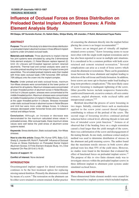 Pdf Influence Of Occlusal Forces On Stress Distribution On Preloaded Dental Implant Abutment