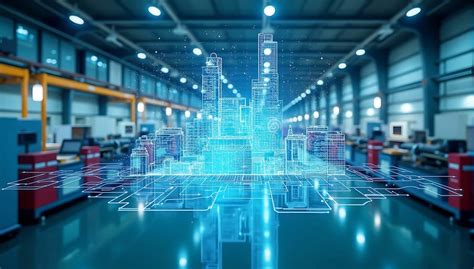 A High Tech Smart Factory With A Digital Holographic Overlay Showing A