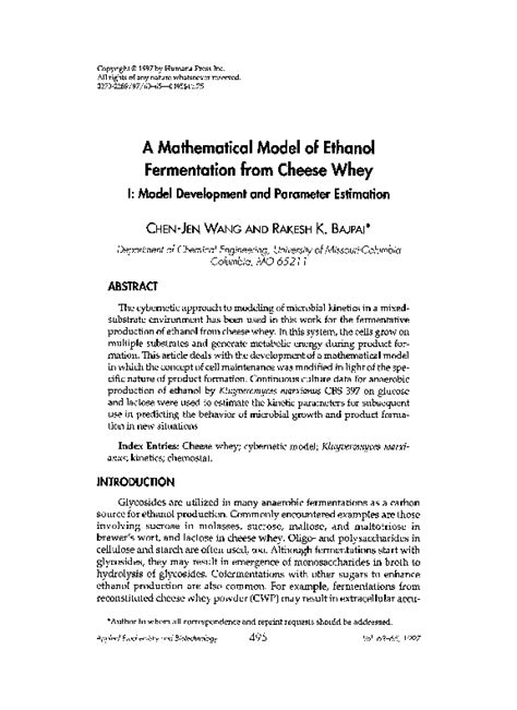Pdf A Mathematical Model Of Ethanol Fermentation From Cheese Whey