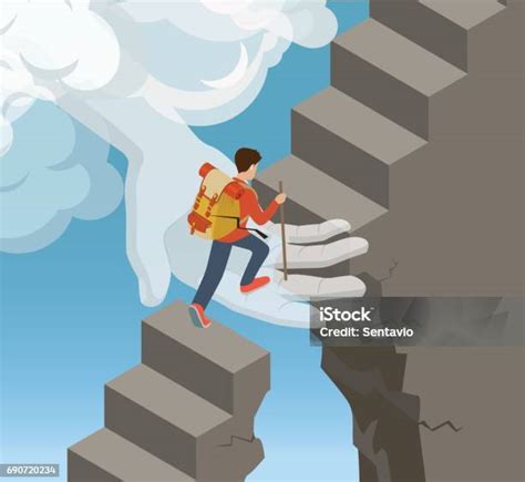 구름 돌 사다리 벡터 일러스트 레이 션에 락 등산 지원에서 평면 아이소메트릭 손 3d 아이소메트리 하나님 도움 하 고 개념을