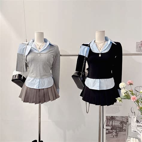 이프유마인 Y2k하이틴유니크 일체형 봄 먼데이 섹시 글램 슬림 이중 배색 셔츠 카라 스퀘어넥 레이어드 이너 무지 긴팔 크롭 니트 티셔츠 3color