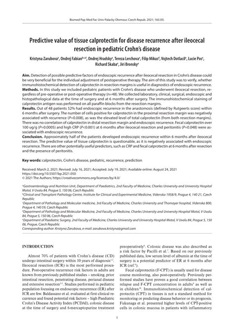 Pdf Predictive Value Of Tissue Calprotectin For Disease Recurrence After Ileocecal Resection
