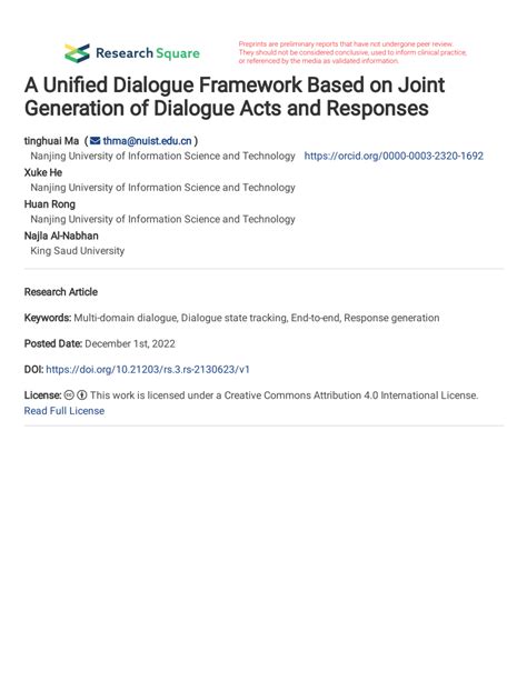 Pdf A Unified Dialogue Framework Based On Joint Generation Of Dialogue Acts And Responses