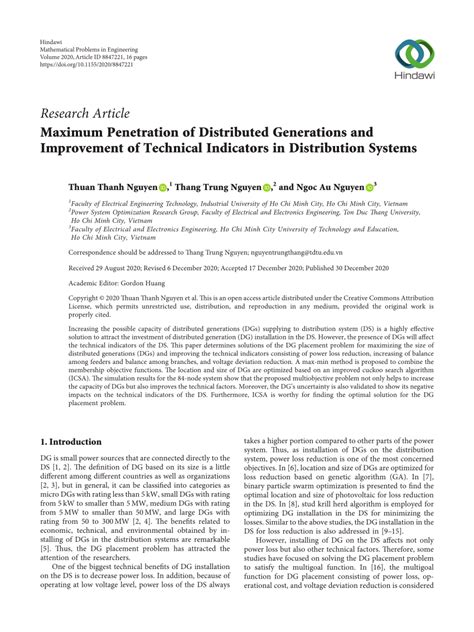 Pdf Maximum Penetration Of Distributed Generations And Improvement Of Technical Indicators In